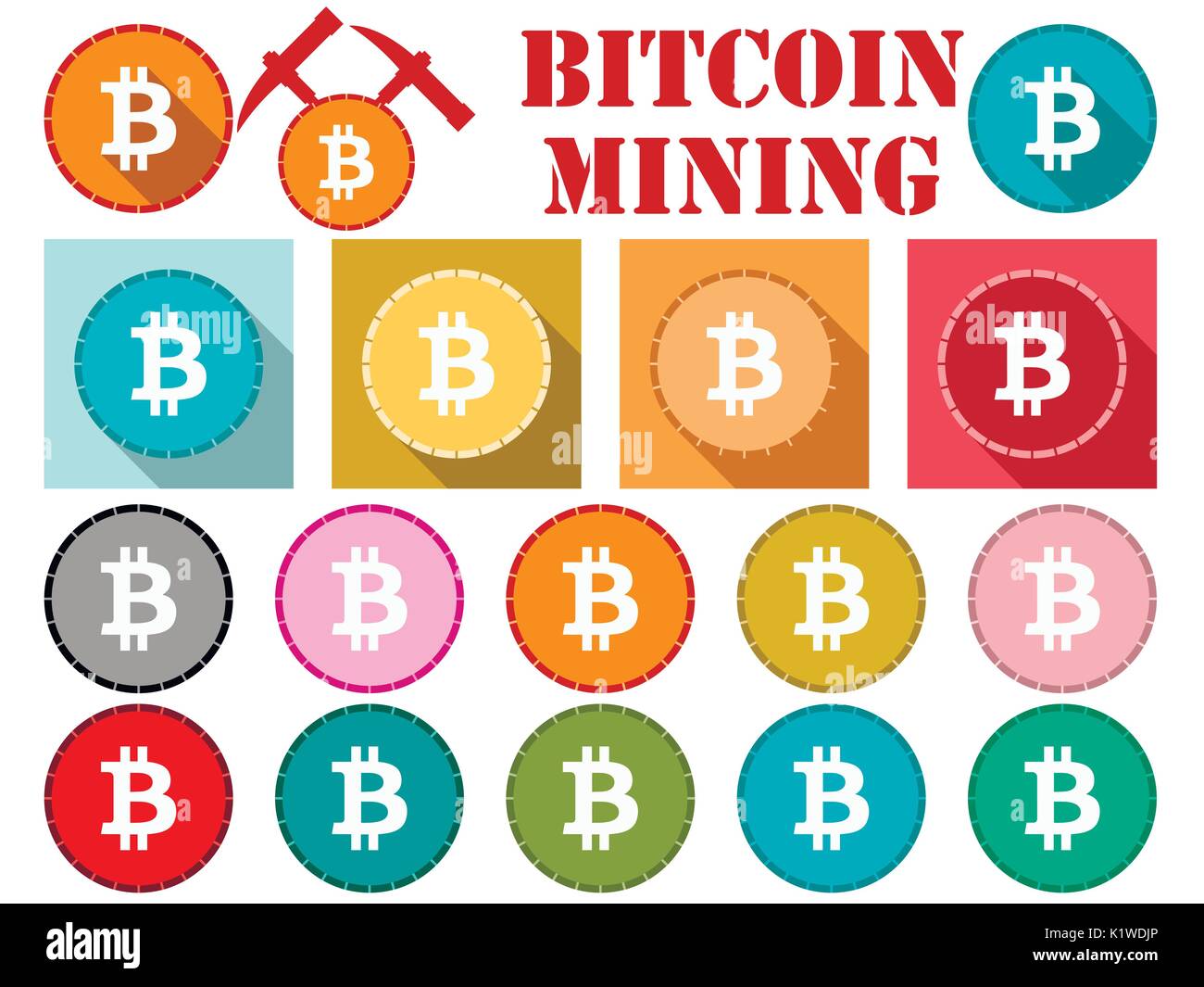 Bitcoin. Bitcoin symbol, flat coin with shadow. Bitcoin mining. Set of ...