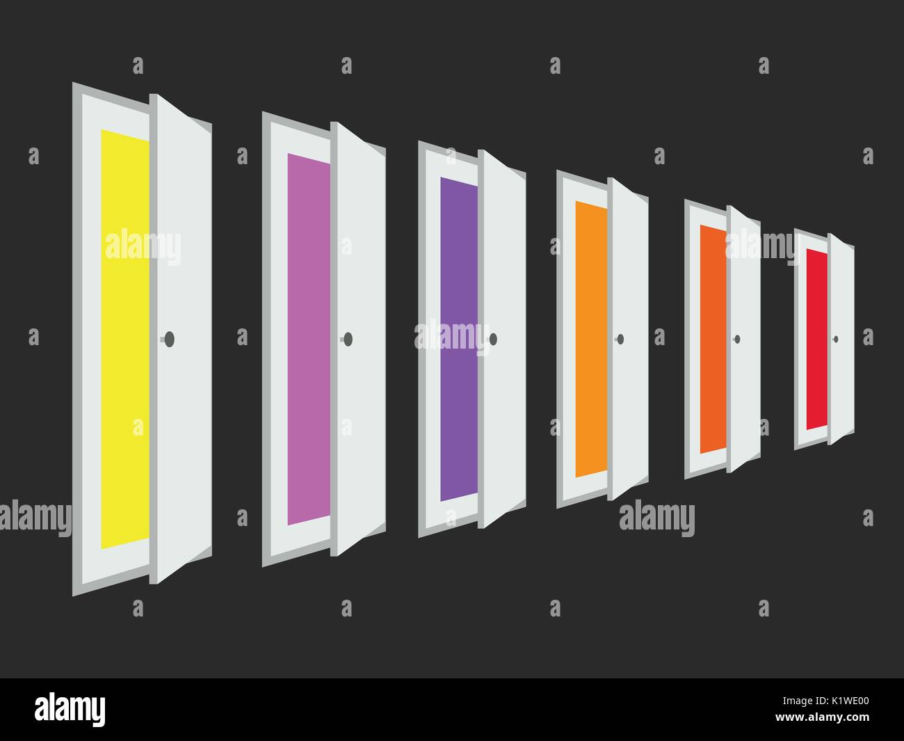 A set of open doors with different colors color. Isometric door. Vector ...