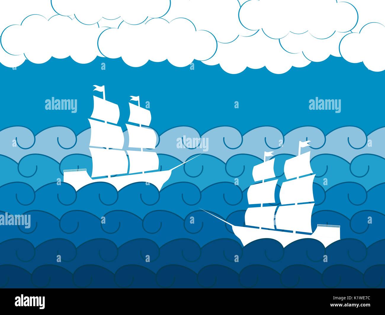 Ships on the waves, sailing medieval ship. Seascape. Vector ...