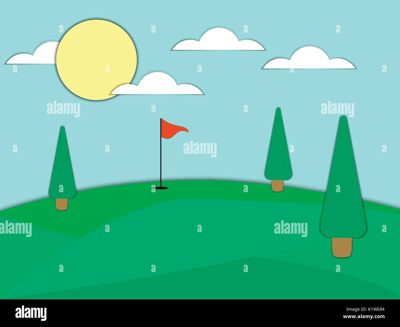 Golf course with a hole and a red flag. Paper art. Landscape with green ...