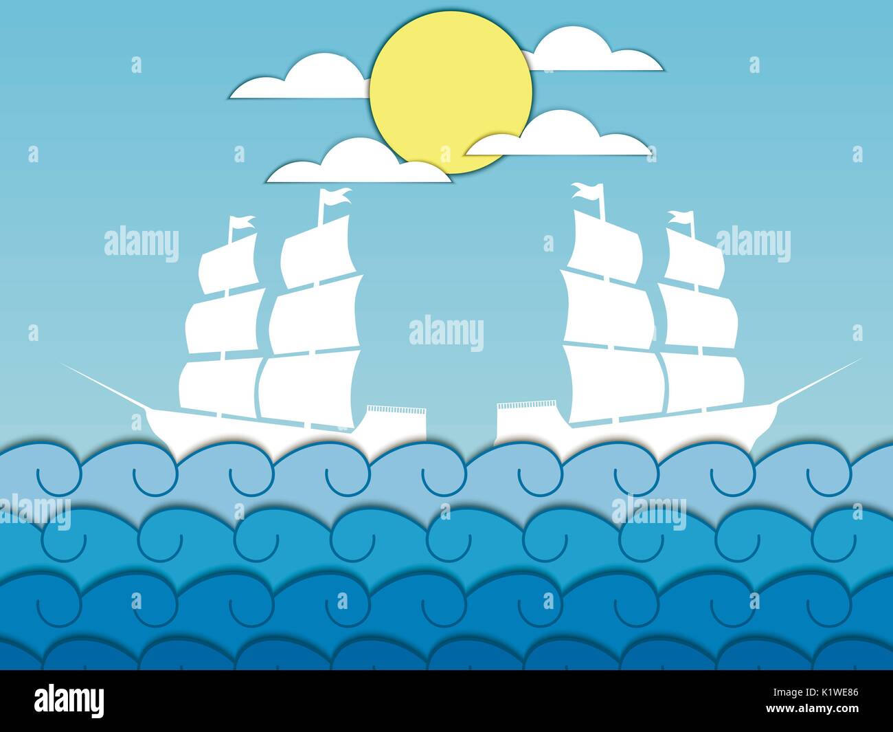 Paper waves. Ships on the waves, sailing medieval ship. Seascape ...