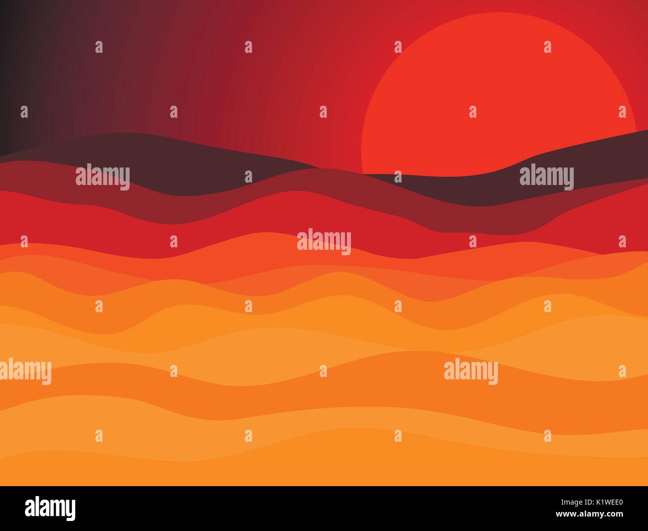 Desert landscape, sunset with a red sun in the desert. Vector ...