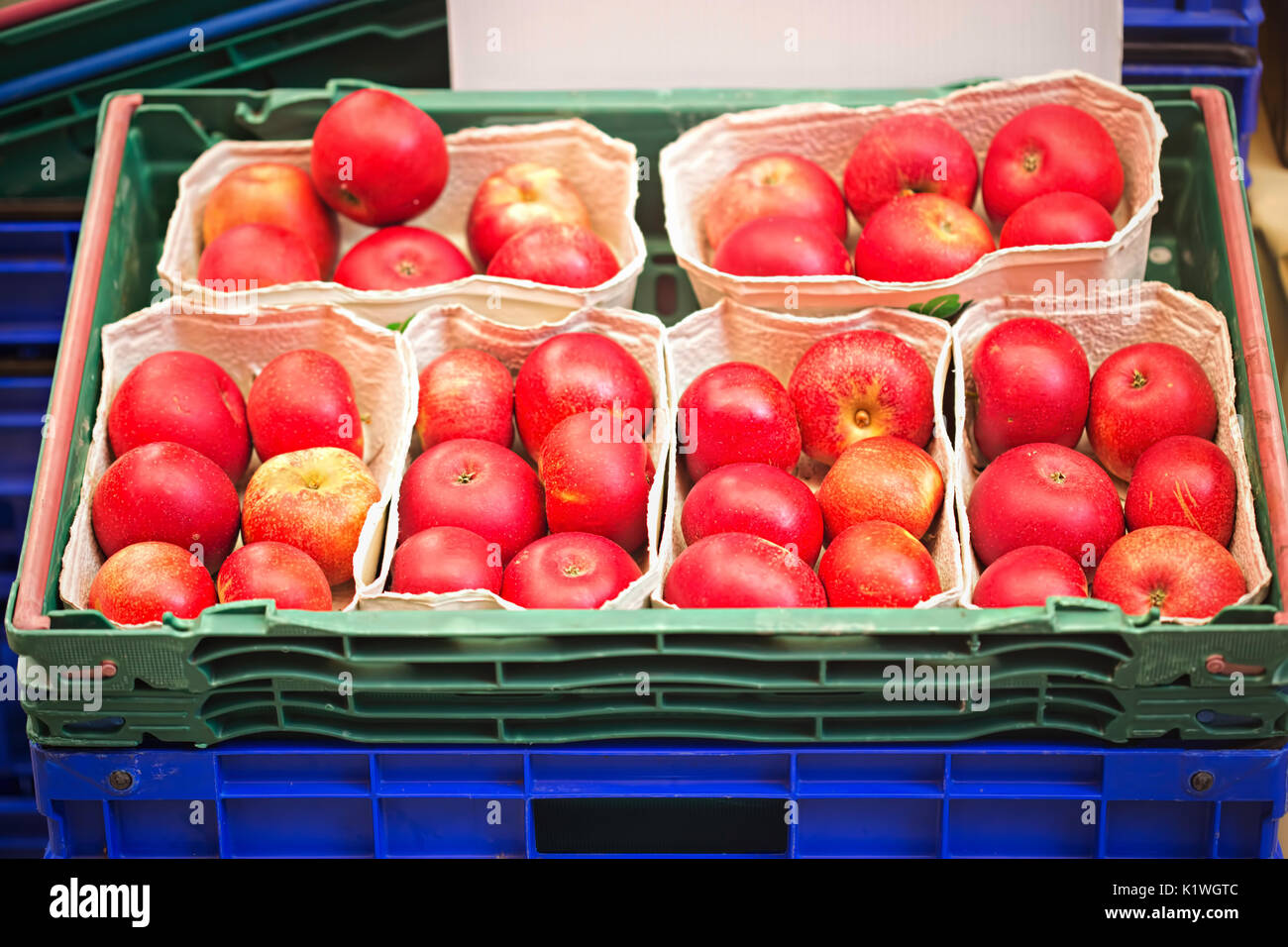 Red apples in carton boxes Stock Photo - Alamy