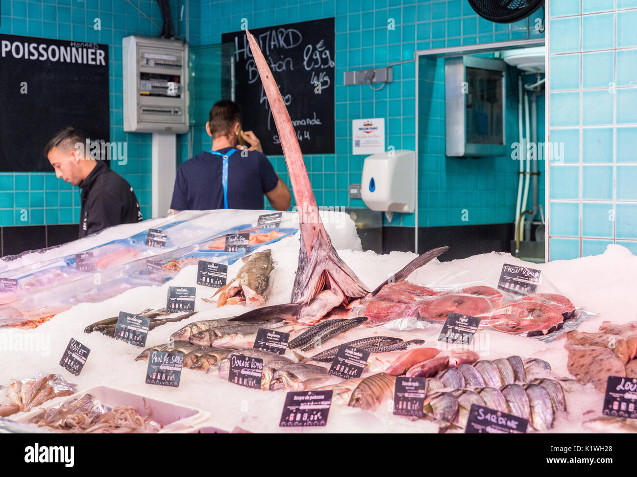 Different types of fish in a market in Antibes, Cote d'Azur, France ...