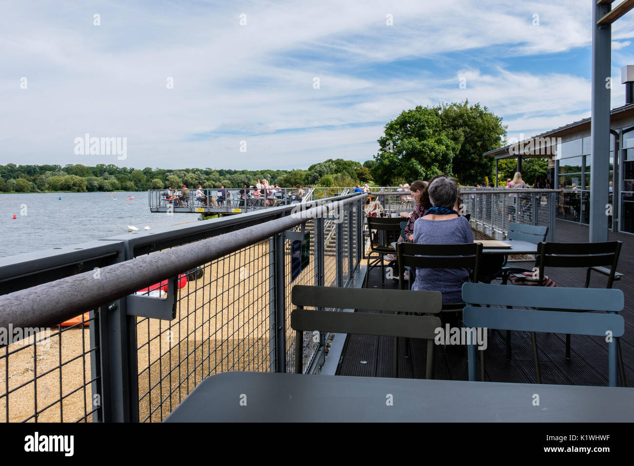 Cafe visitors at Ferry Meadows Country Park overlooking Gunwade Lake ...