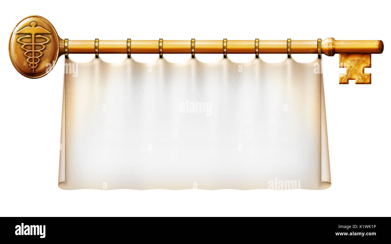 Photo Illustration of a banner hanging on a gold key with a Caduceus ...