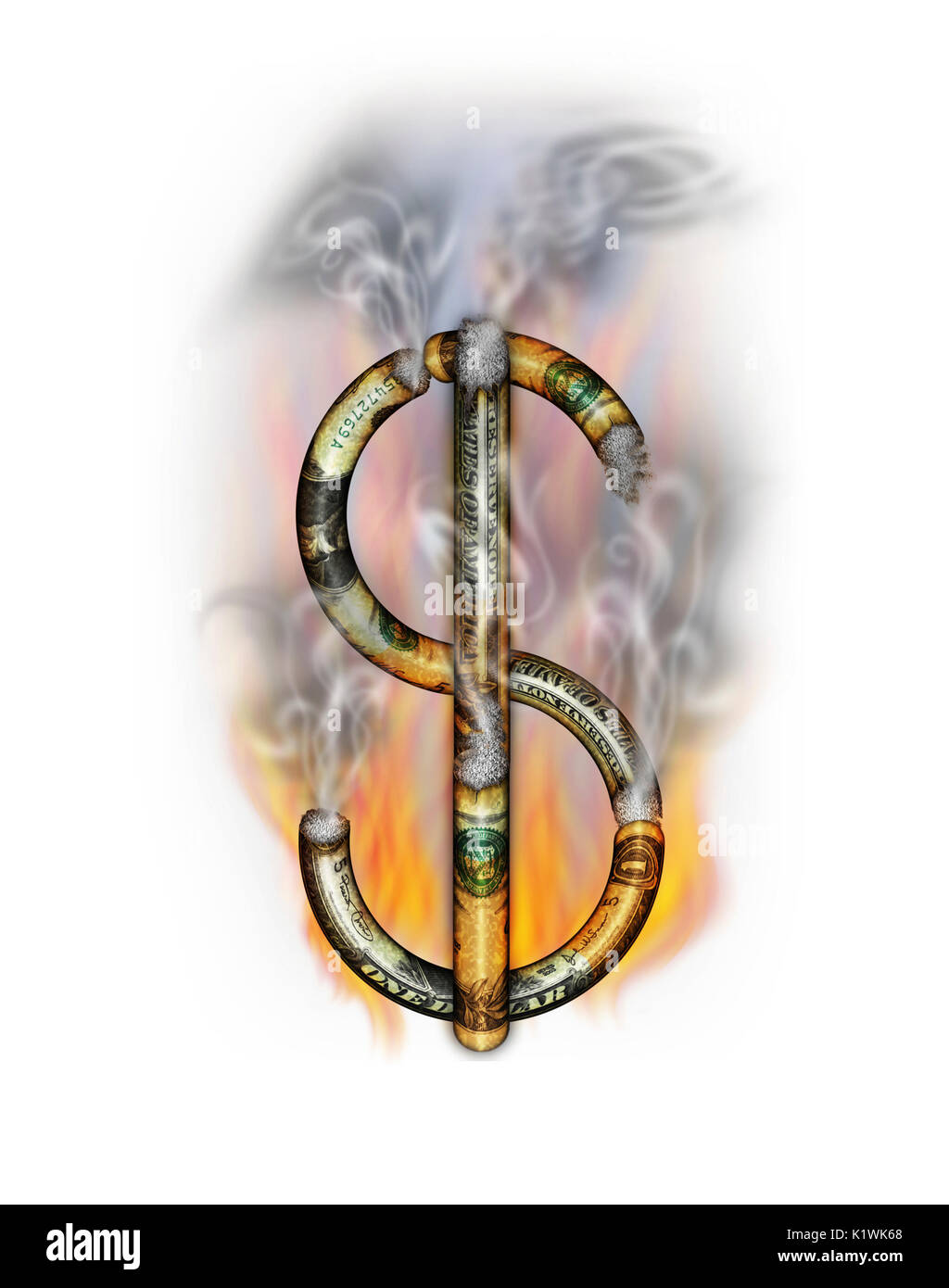 Digital illustration of a burning dollar symbol sign made out of ...