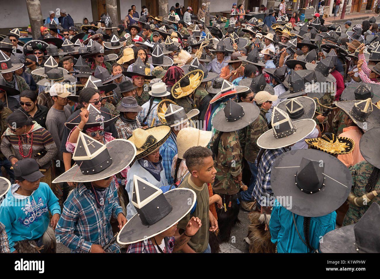 June 24, 2017 Cotacachi, Ecuador: indigenous kichwa men dancing in a ...
