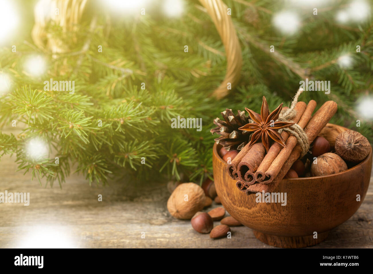 Winter spices and ingredients for cooking the Christmas meal. Cinnamon ...