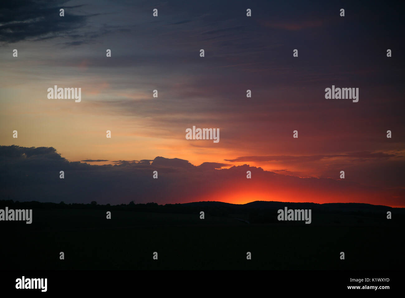 Natural Sunset Sunrise Sun Over Skyline, Horizon. Warm Colours Stock ...