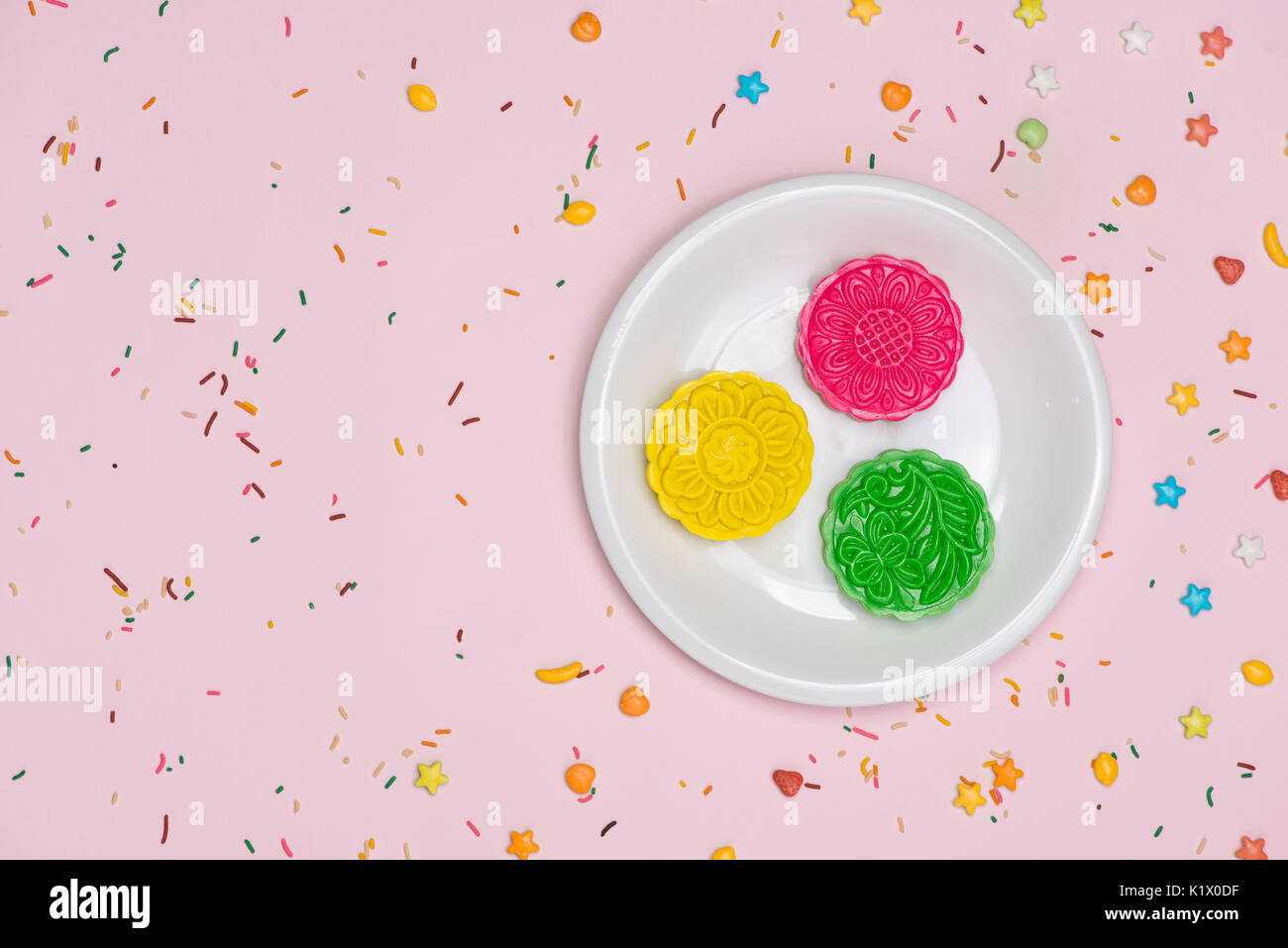 Table party setting. Traditional mid autumn festival colorful mooncakes ...