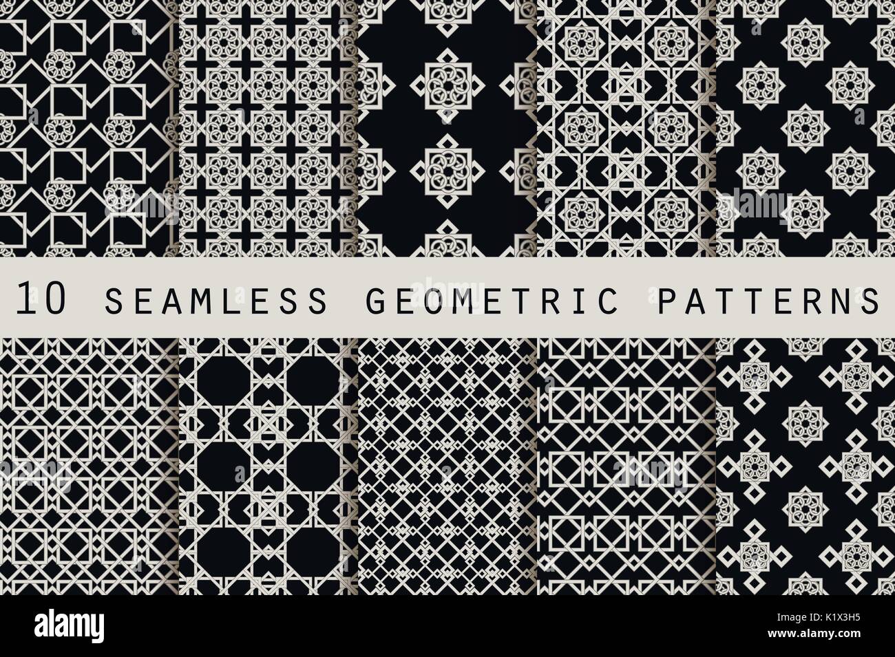 Set of 10 monochrome seamless patterns. Geometric seamless pattern ...