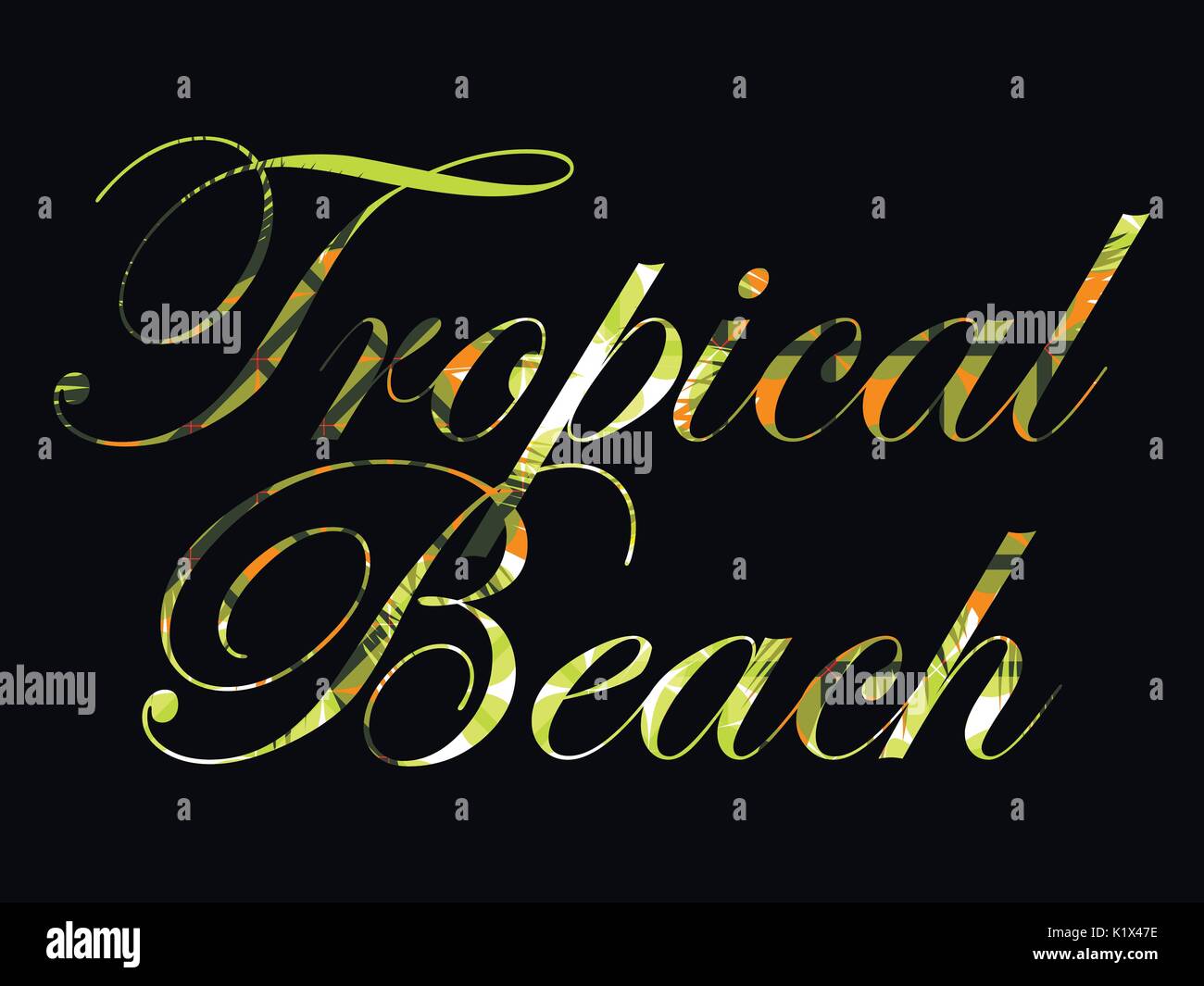 Tropical beach. Text with curls of palm leaves. Beautiful writing on a ...