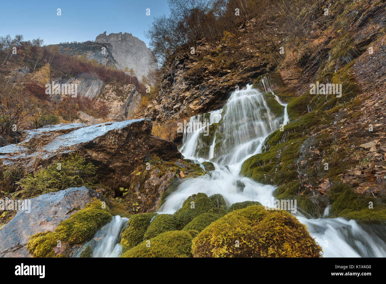 Europe, Italy, Veneto, Agordino, Taibon. The waterfall of Livinal in ...