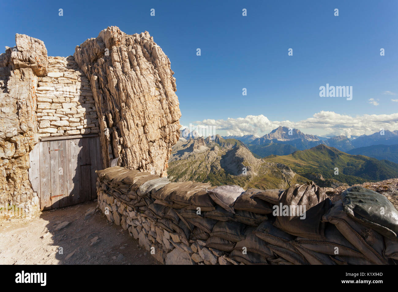 Europe, Italy, Veneto, Belluno. Trench of war with machine-gun point ...