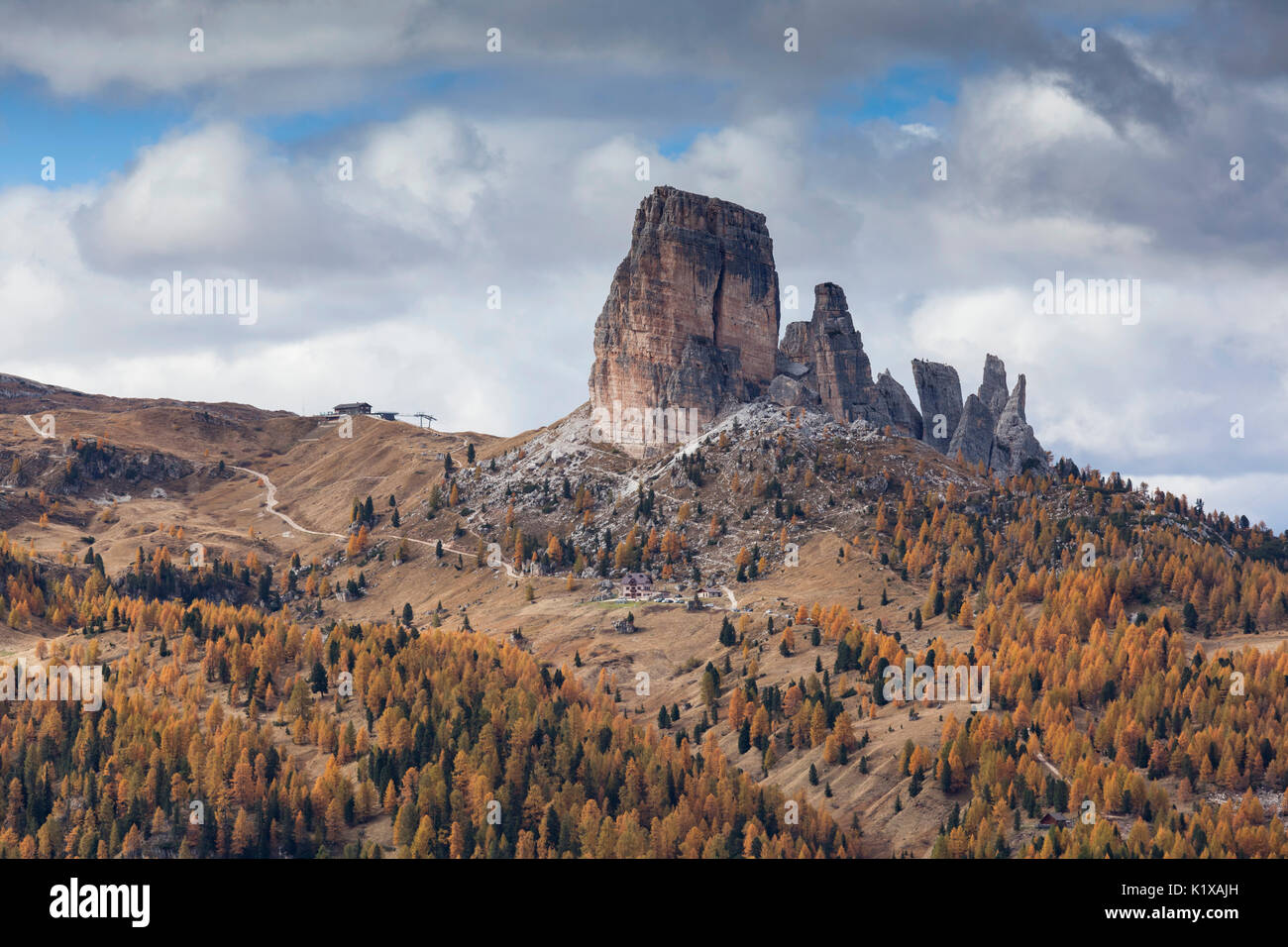 Europe, Italy, Veneto, Belluno. Autumn landscape of the Cinque Torri ...