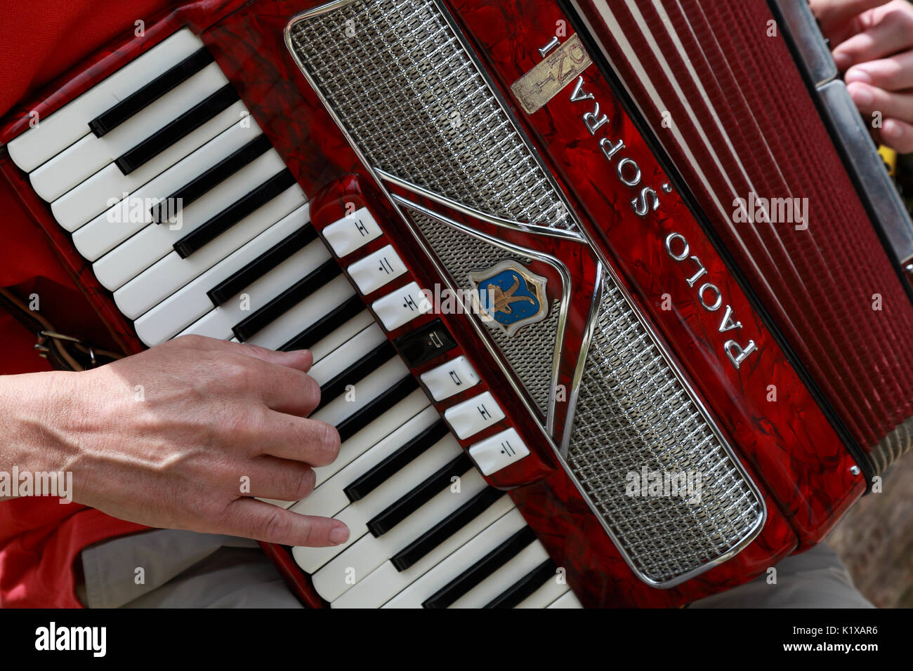 Europe, Italy, Veneto, Belluno. Closeup detail of hands playing a red ...