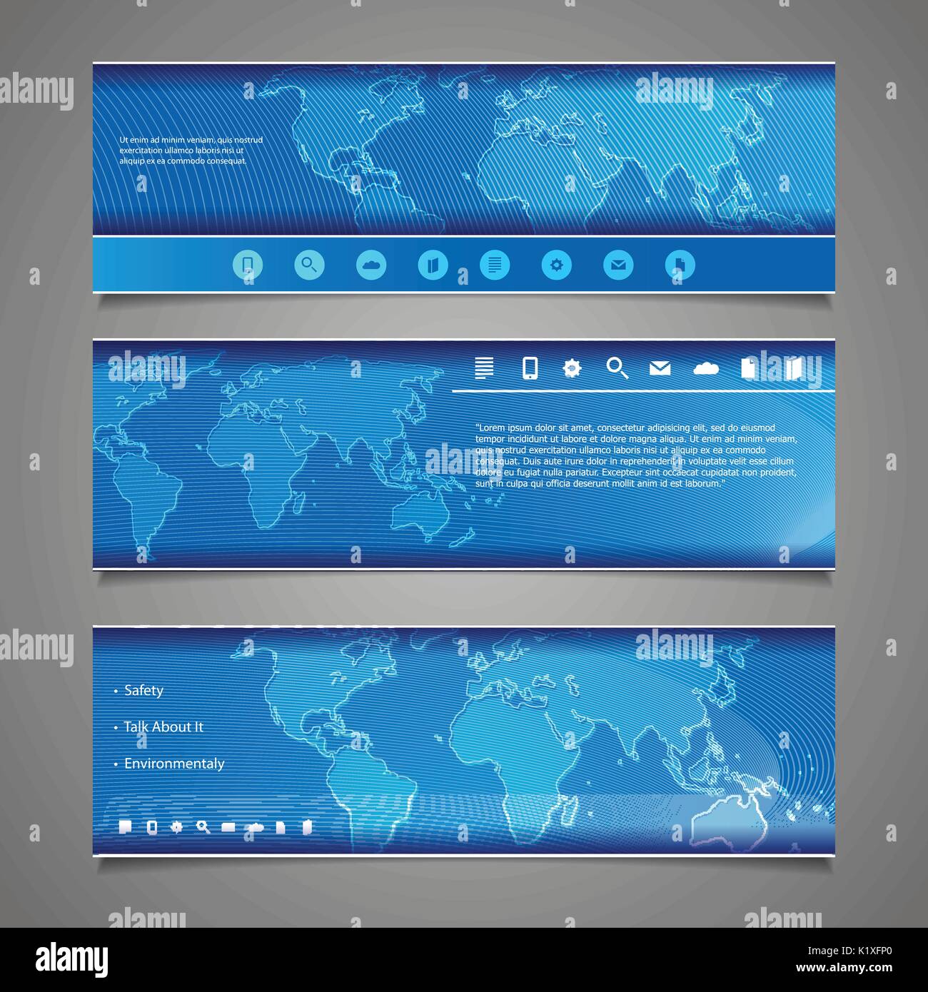 Set of Colorful Abstract Horizontal Headers or Banners with World Map ...