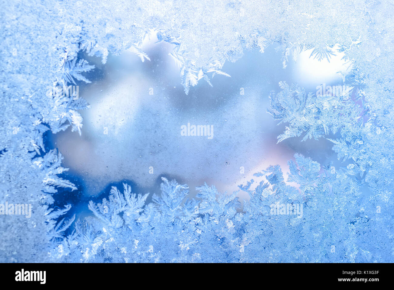 fairy winter ice, blue texture on window, holiday background, close up ...