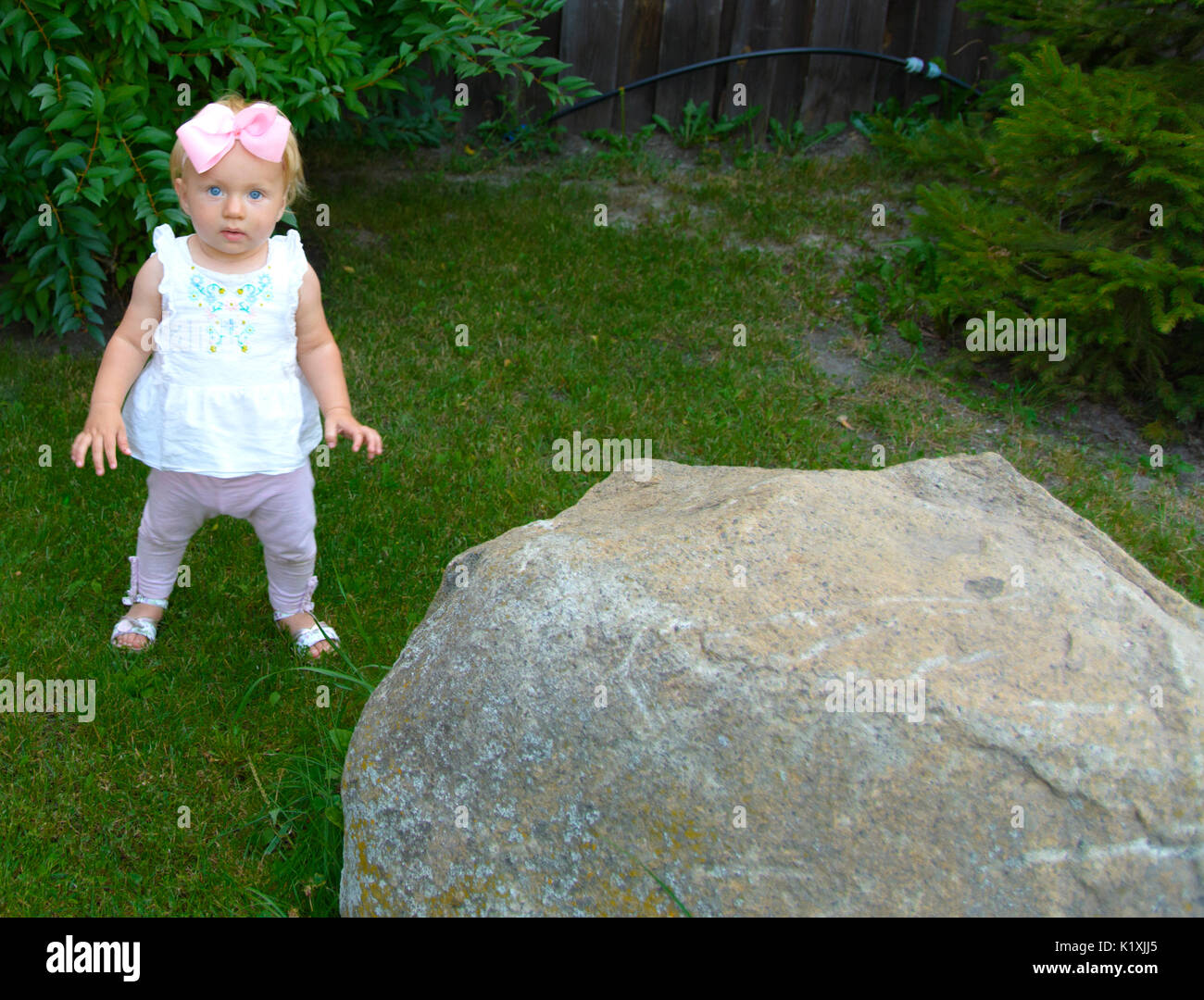 The first steps of a small child in nature on the green grass. August ...
