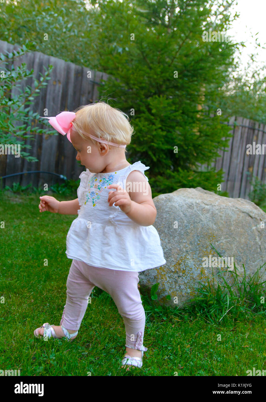 The first steps of a small child in nature on the green grass. August ...