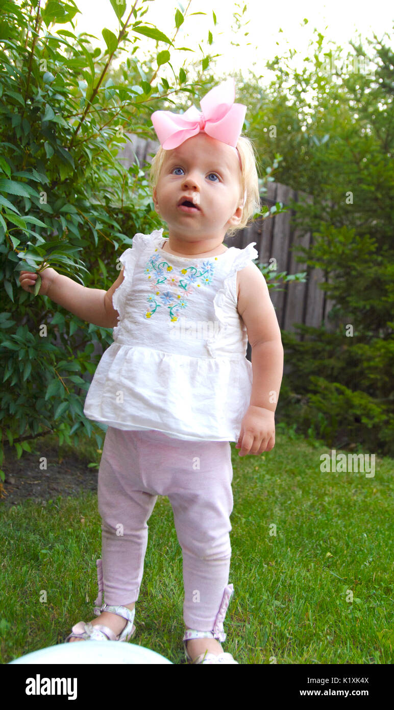 The first steps of a small child in nature on the green grass. August ...