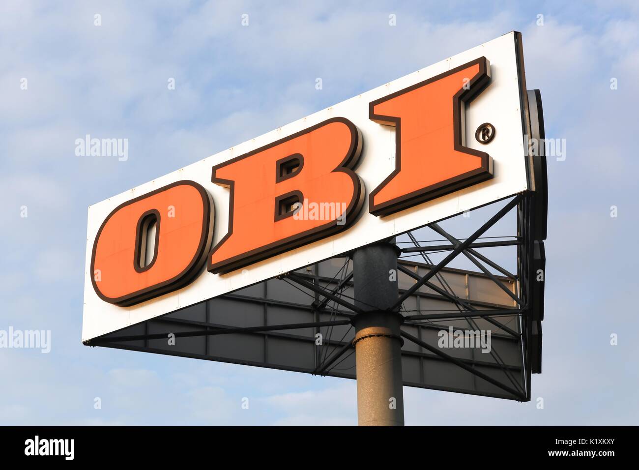 Frechen, Germany - July 1, 2017: OBI sign on a pole. Founded in 1970 ...