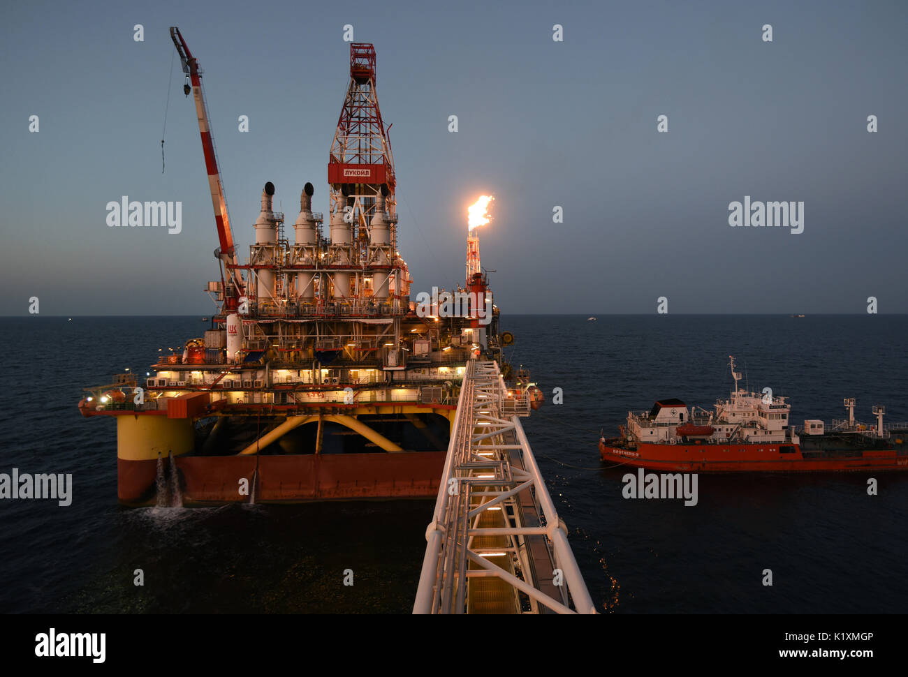Oil rig platform on Lukoil Korchagina oil field at the north of Caspian ...