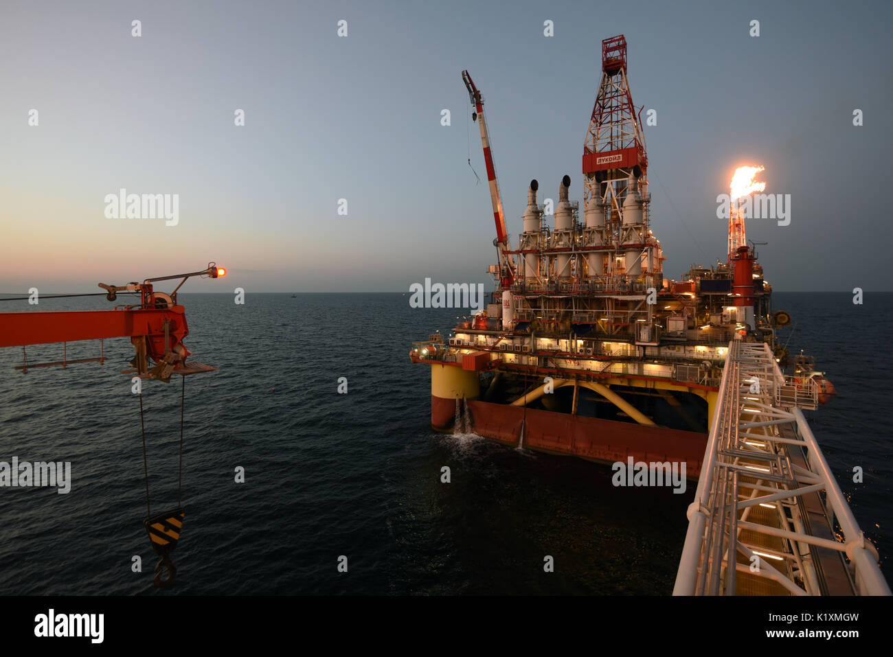 Oil rig platform on Lukoil Korchagina oil field at the north of Caspian ...