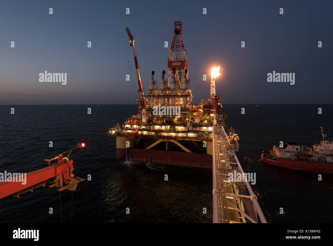 Oil rig platform on Lukoil Korchagina oil field at the north of Caspian ...