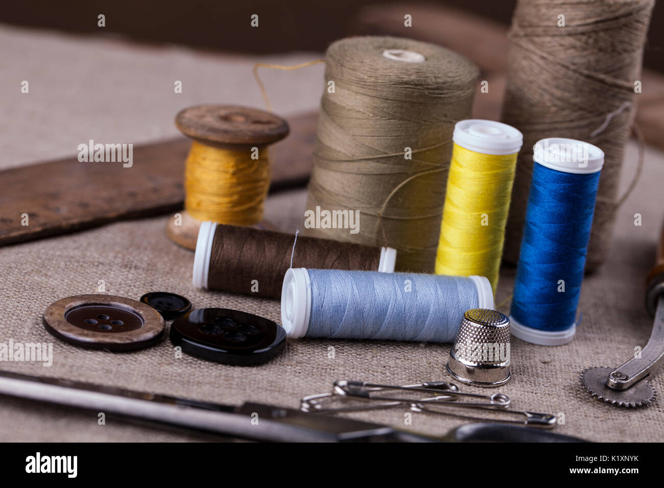 Sewing instruments, threads, needles, bobbins and materials. Studio ...