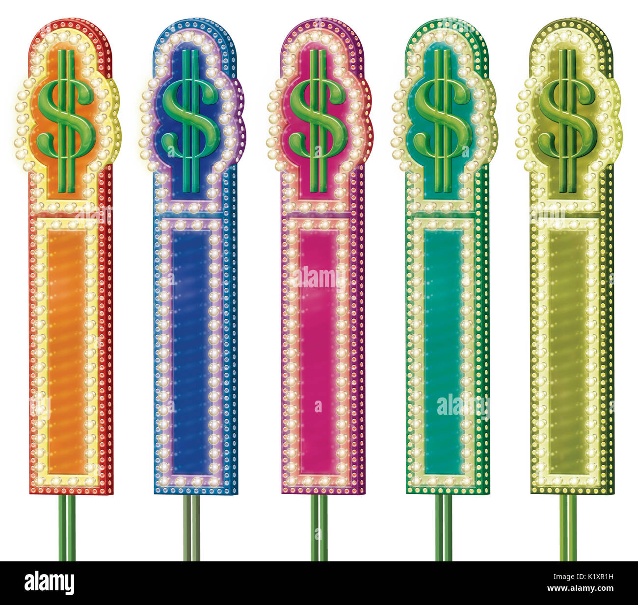 Digital illustration of five dollar symbol lighted signs Stock Photo ...