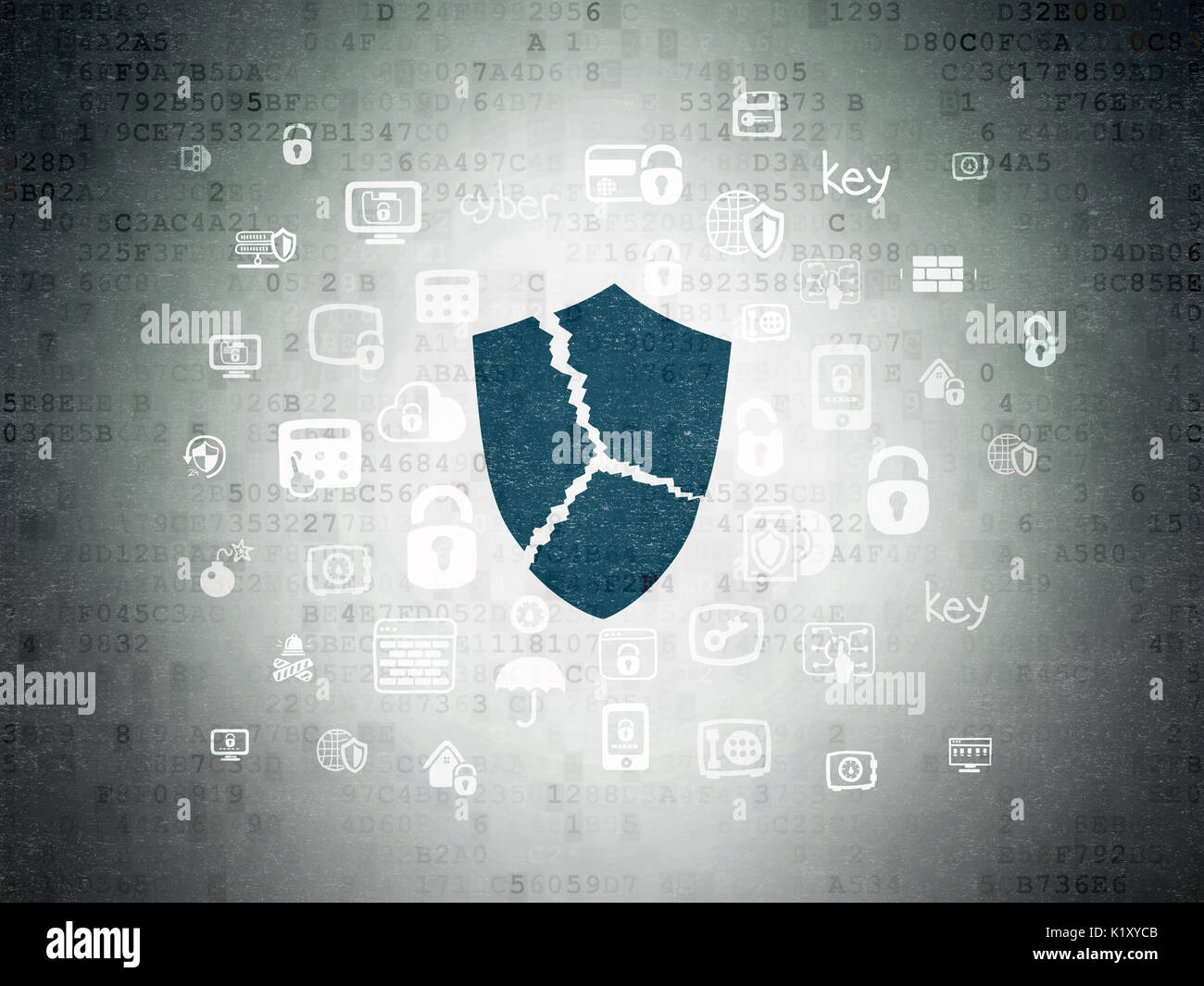 Privacy concept: Broken Shield on Digital Data Paper background Stock ...