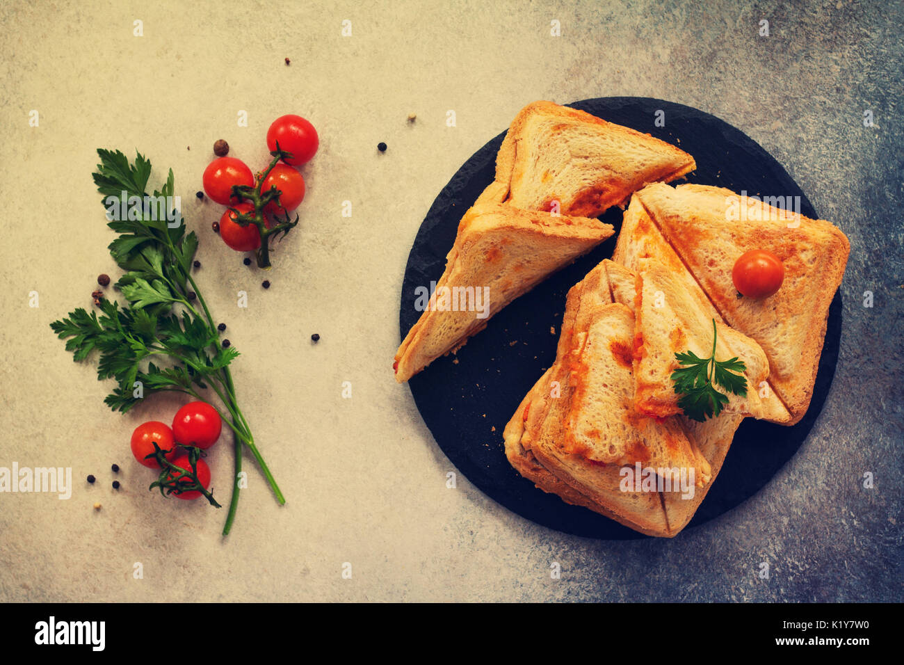 Pressed and toasted double sandwich with chicken, Korean carrots ...