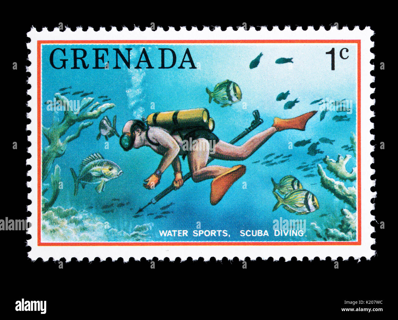 Postage stamp from Grenada depicting a scuba diver spear fishing Stock ...