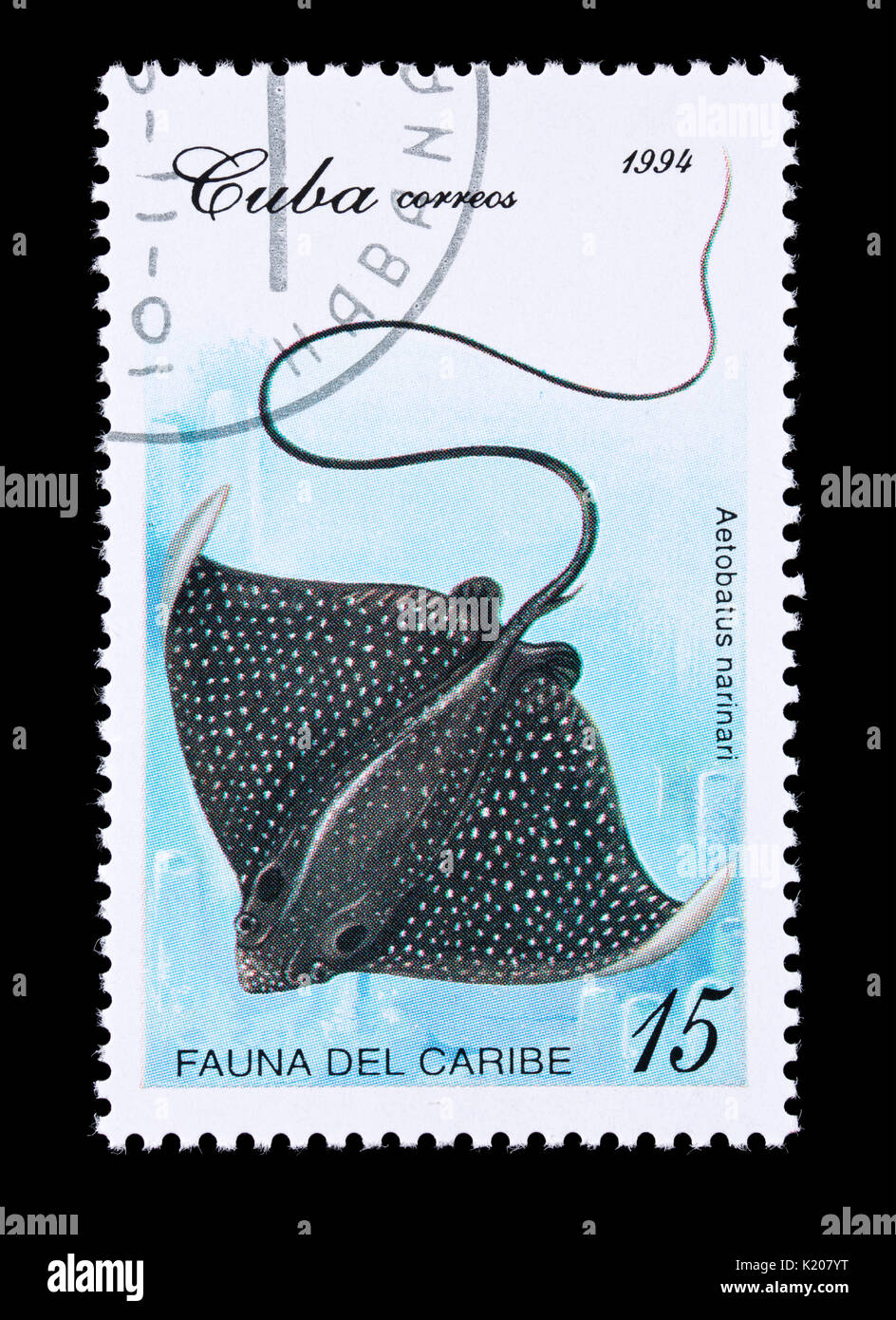Postage stamp from Cuba depicting a spotted eagle ray (Aetobatus ...