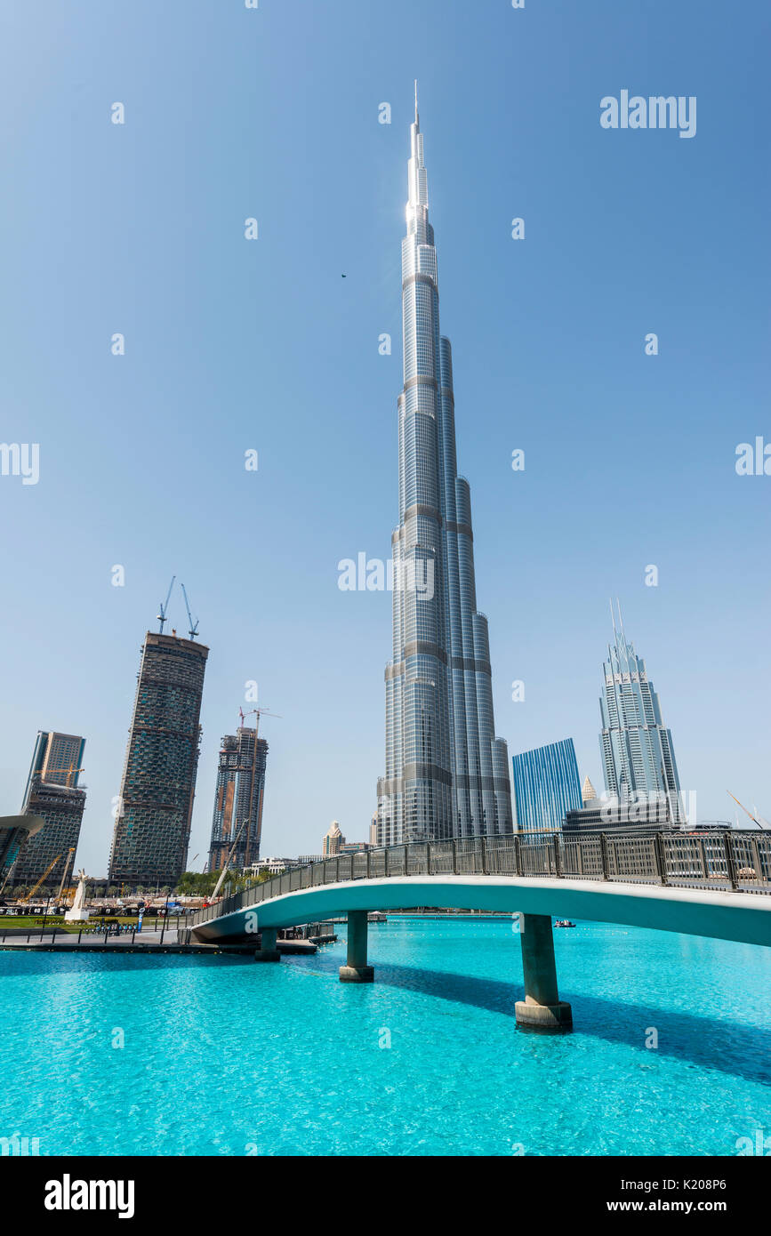 Burj Khalifa lake and bridge, Dubai, Emirate Dubai, United Arab ...