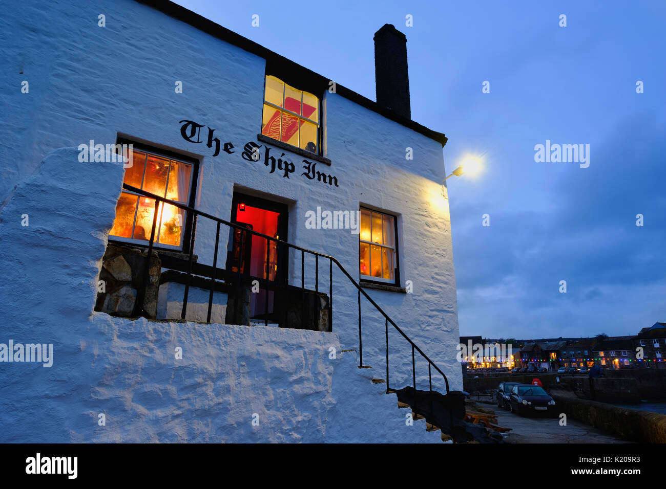 Pub at dusk, The Ship Inn, Porthleven, Cornwall, England, United ...