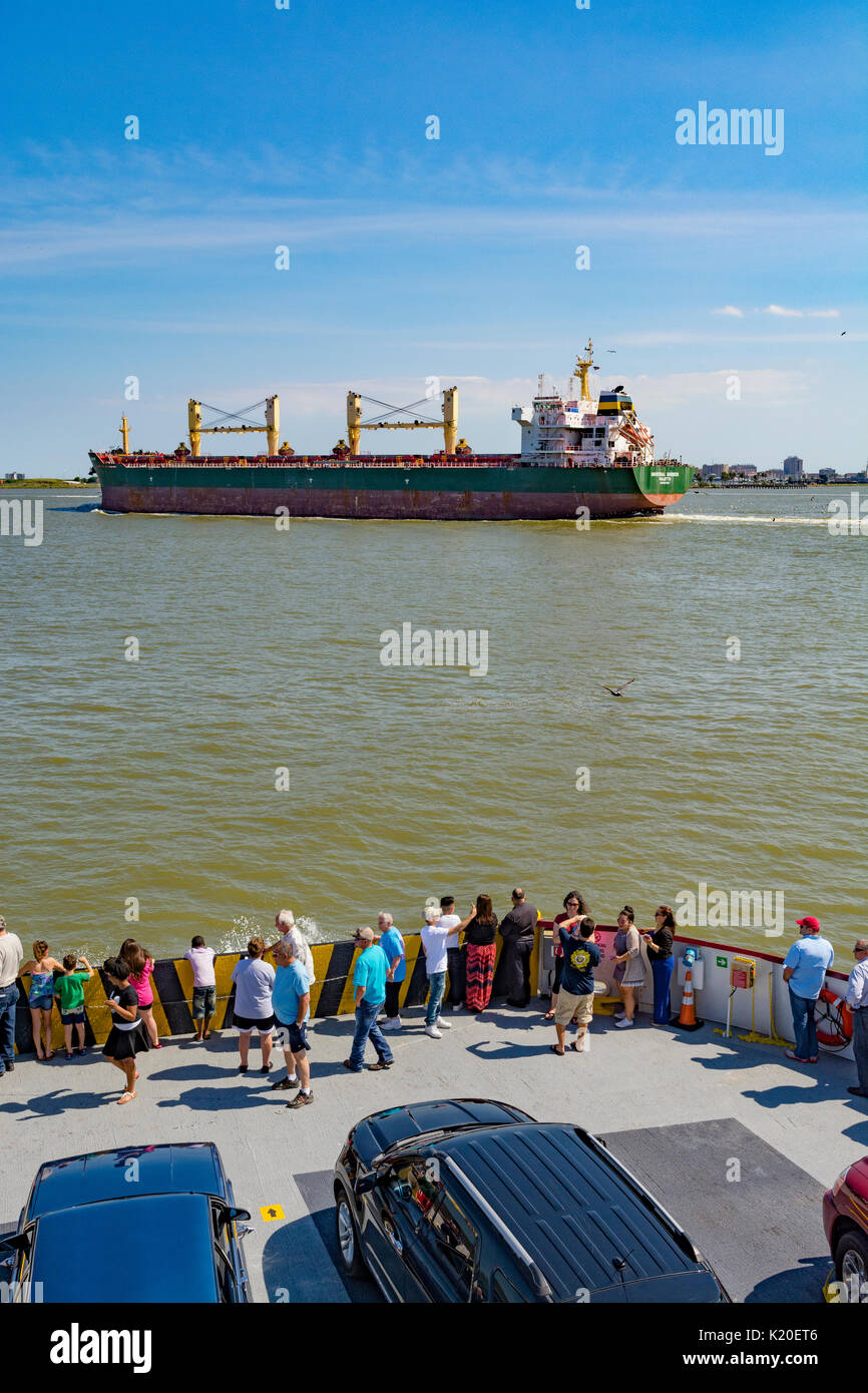 Texas, Galveston - Port Bolivar ferry, approaching Galveston harbor ...