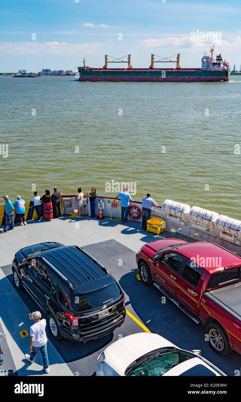 Texas, Galveston - Port Bolivar ferry, approaching Galveston harbor ...