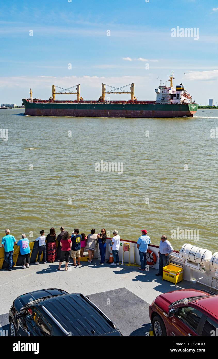 Texas, Galveston - Port Bolivar ferry, approaching Galveston harbor ...