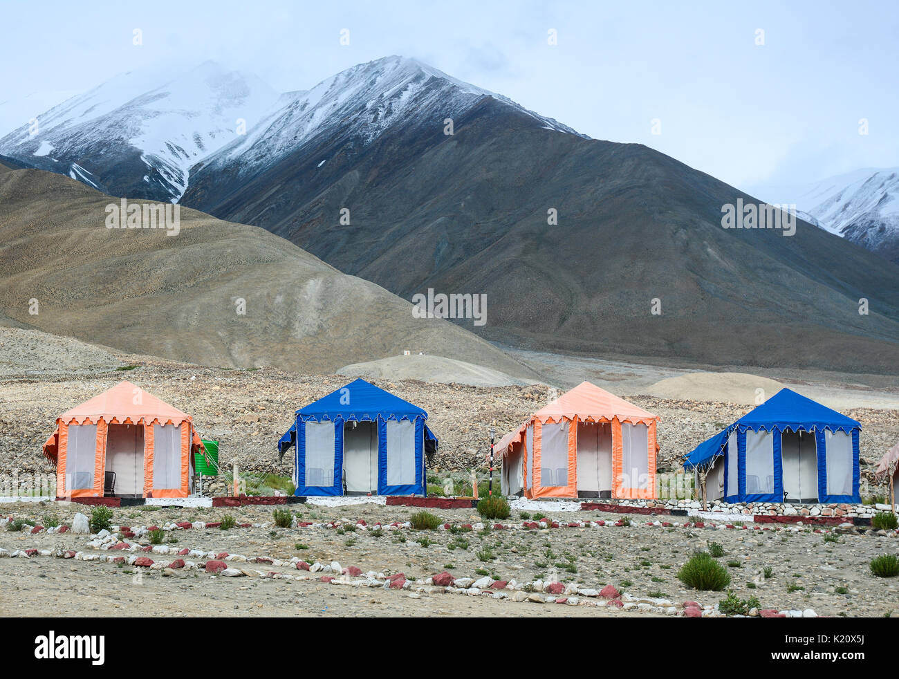 Tented tourist camps at Pangong Lake in Ladakh, India. Ladakh is the ...