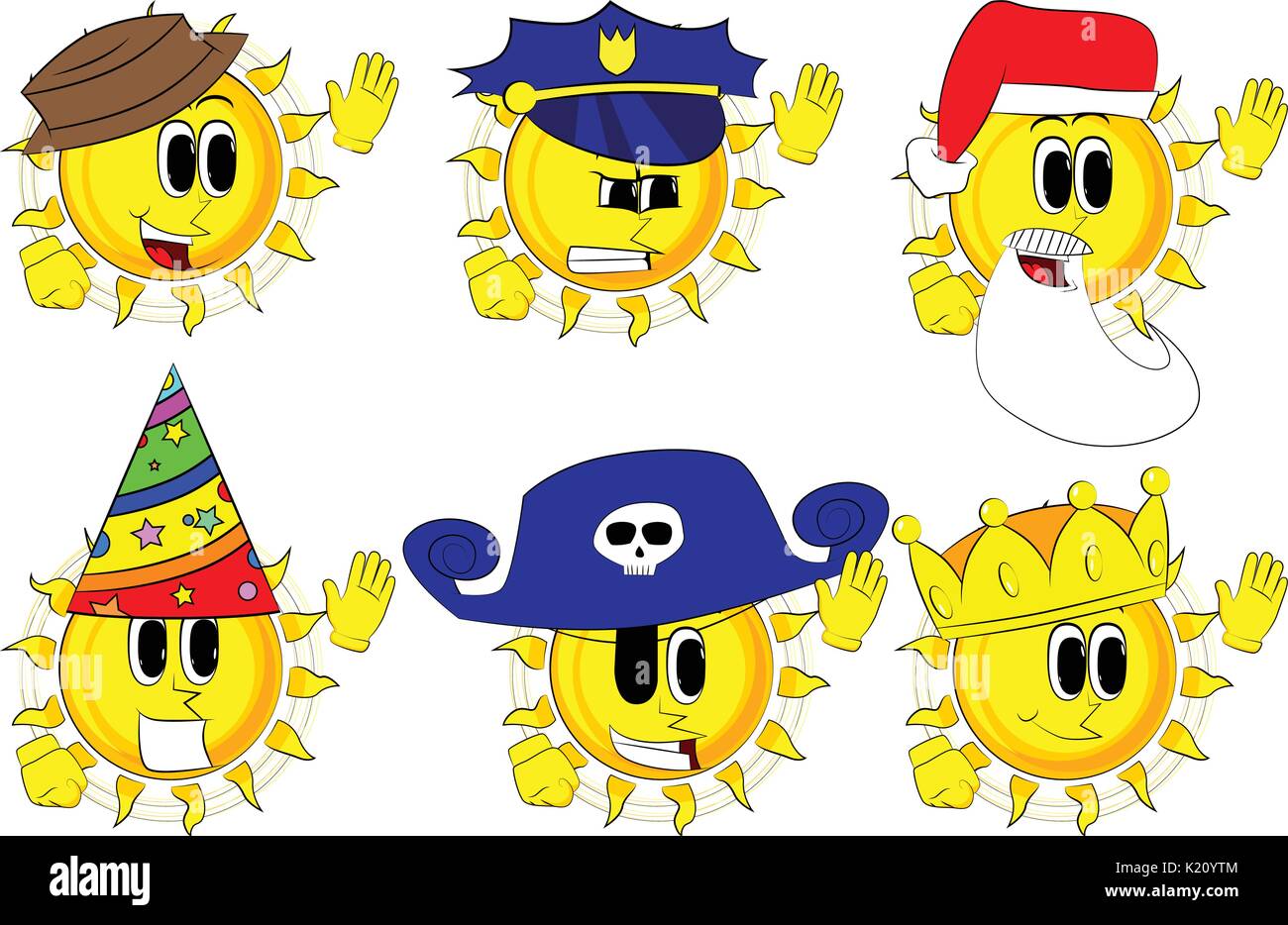 Cartoon sun with waving hands. Collection with costume. Expressions ...