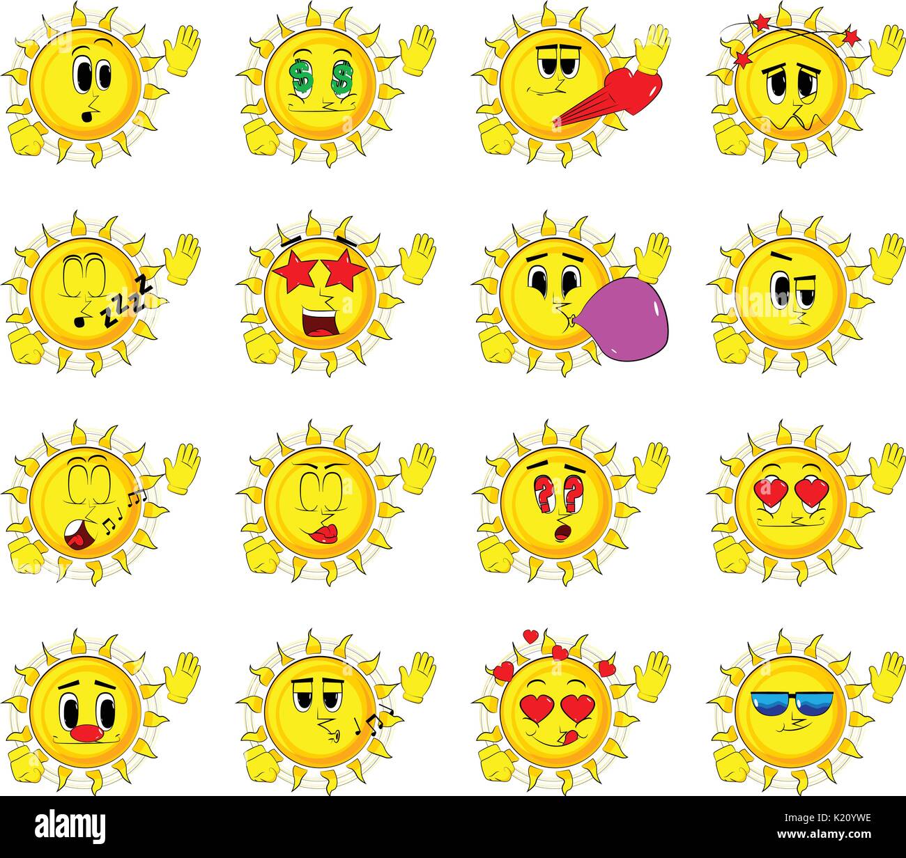 Cartoon sun with waving hands. Collection with various facial ...