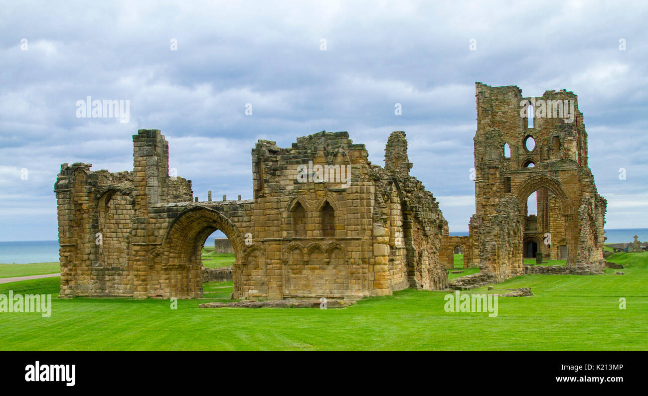 Panoramic view of ruins of historic Tynemouth castle and priory ...
