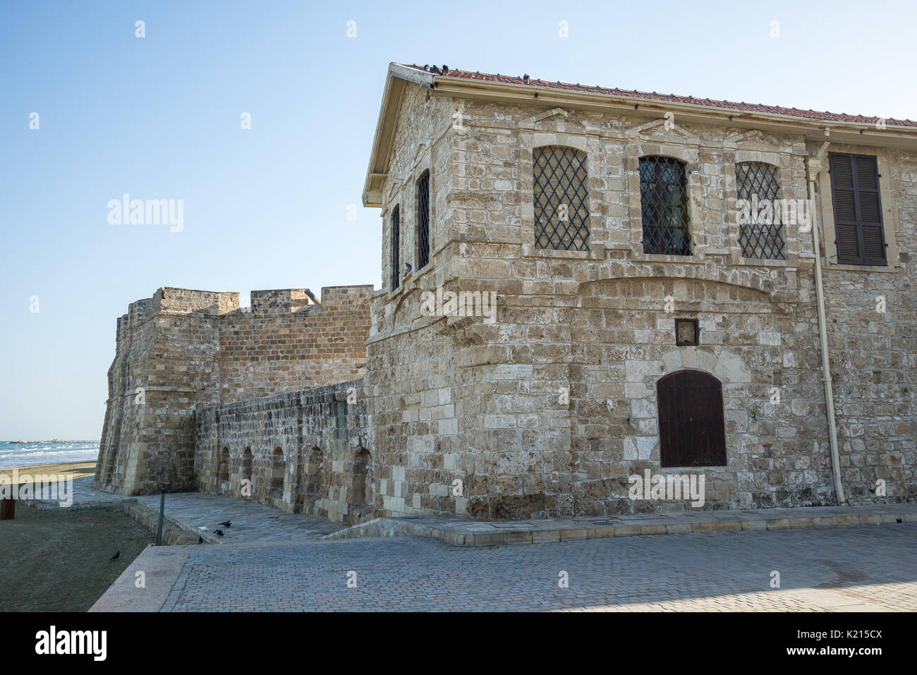 A medieval Larnaca castle and museum at beach waterfront, Cyprus Stock ...