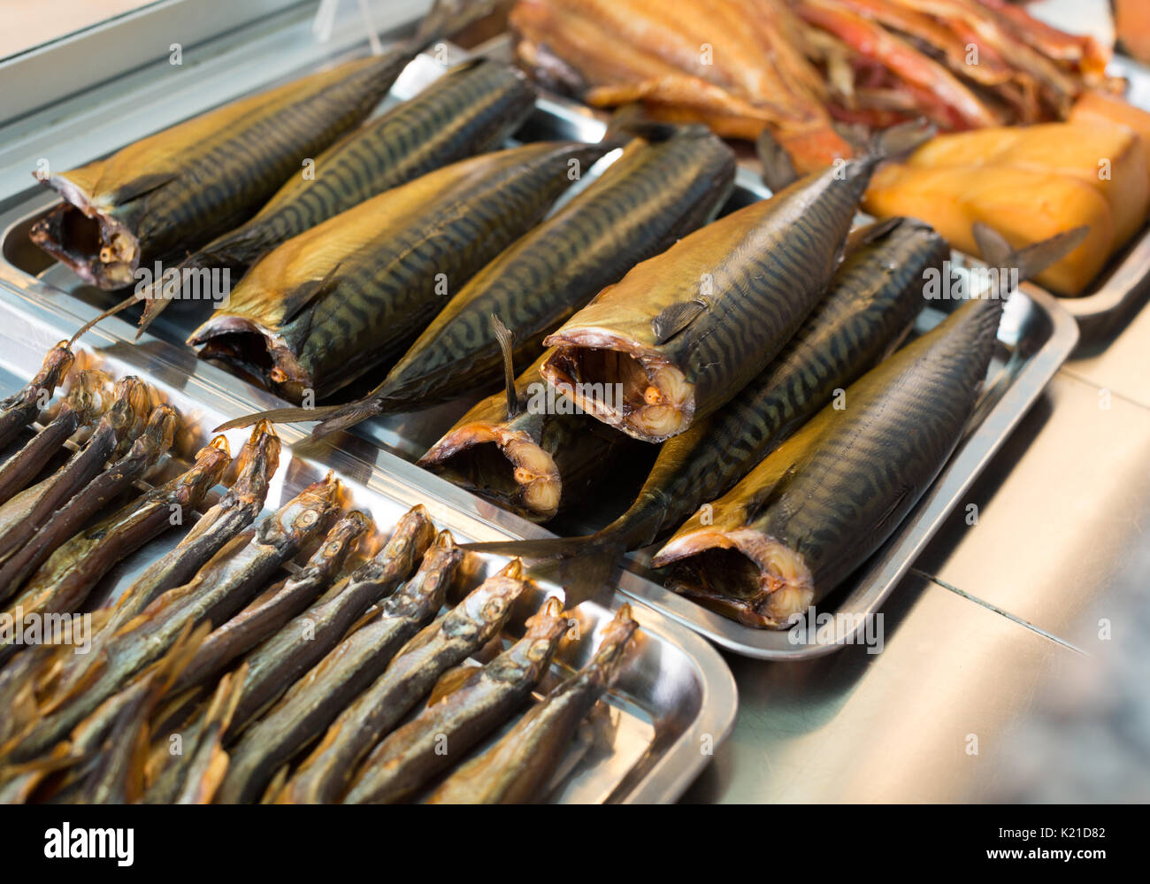 Trays with smoked fish in supermarket of Russian food Stock Photo - Alamy