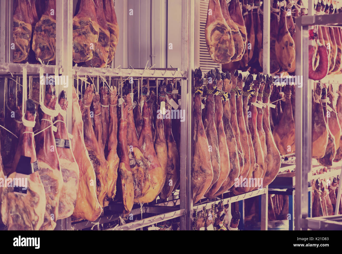 Spanish jamon joints hanging at jamon factory Stock Photo - Alamy