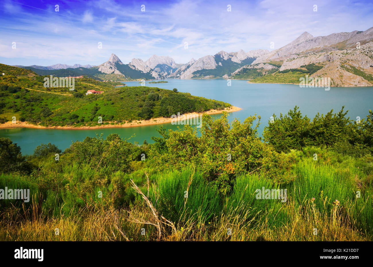 Summer mountains landscape with lake. Riano reservoir in Leon. Spain ...