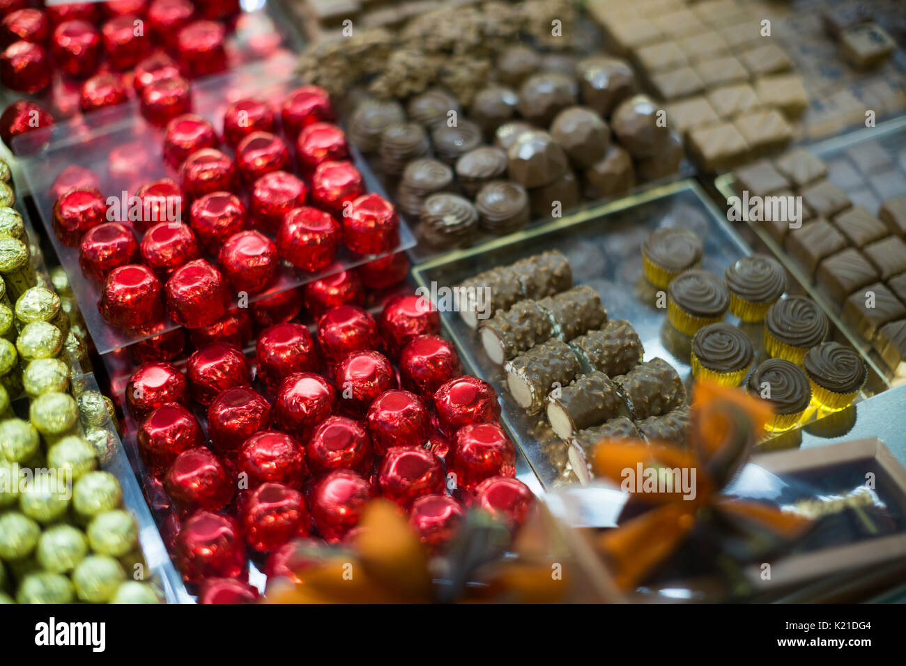 Wide choice of ganaches, pralines, caraques and other chocolates Stock ...